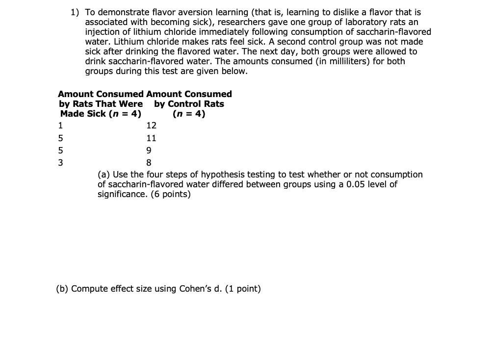 Solved 1) To demonstrate flavor aversion learning (that is, | Chegg.com