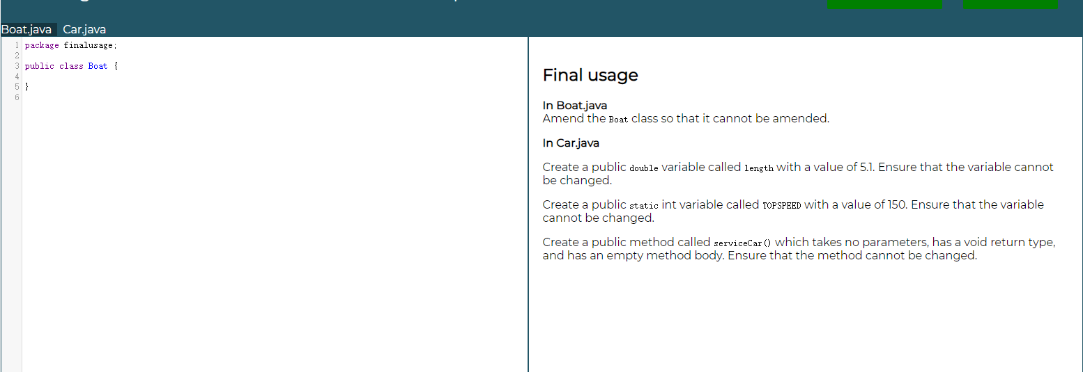 Solved Boat.java Car.java package finalusage: public class | Chegg.com