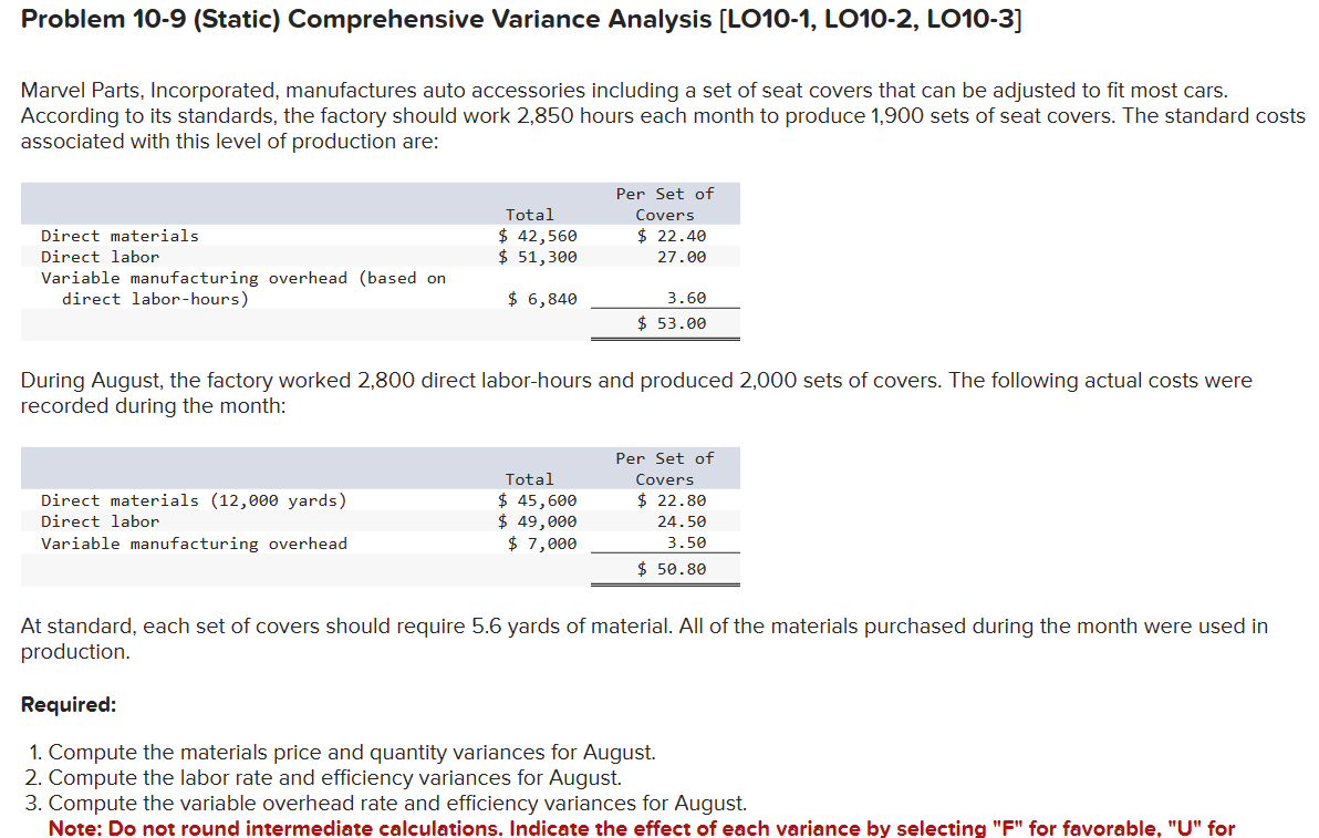 Solved Problem 10-9 (Static) Comprehensive Variance Analysis | Chegg.com
