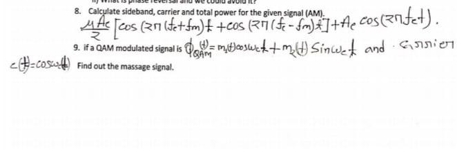 Solved 8. Calculate sideband, carrier and total power for | Chegg.com
