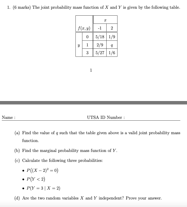 Solved 1. (6 marks) The joint probability mass function of X | Chegg.com
