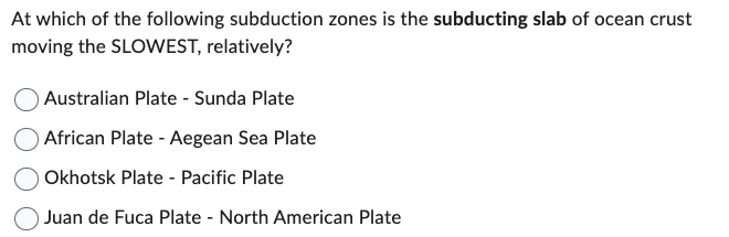 Solved At which of the following subduction zones is the | Chegg.com