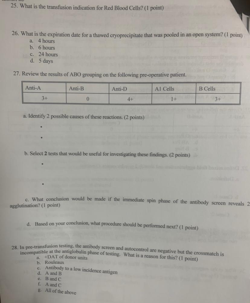 Solved 25. What is the transfusion indication for Red Blood | Chegg.com
