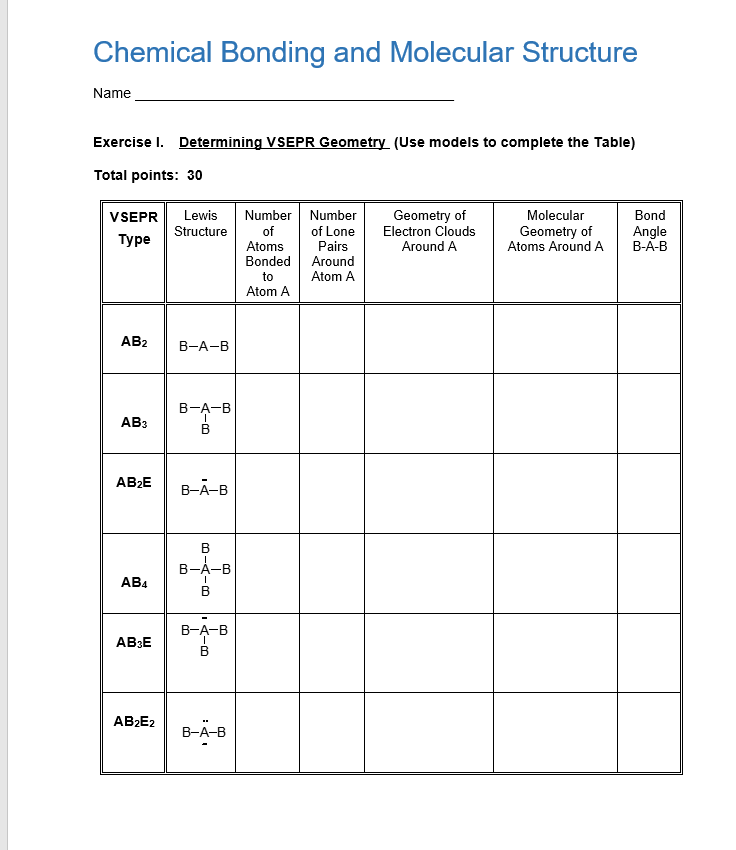Solved Chemical Bonding and Molecular Structure Name | Chegg.com