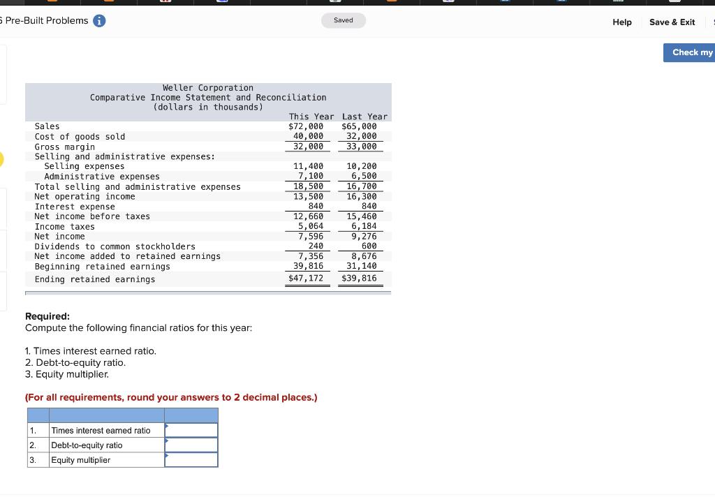 Solved Pre-Built Problems Saved Help Save & Exit Check my | Chegg.com