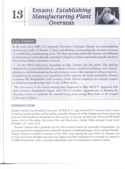 Solved 13 Emami: Establishing Manufacturing Plant Overseas | Chegg.com