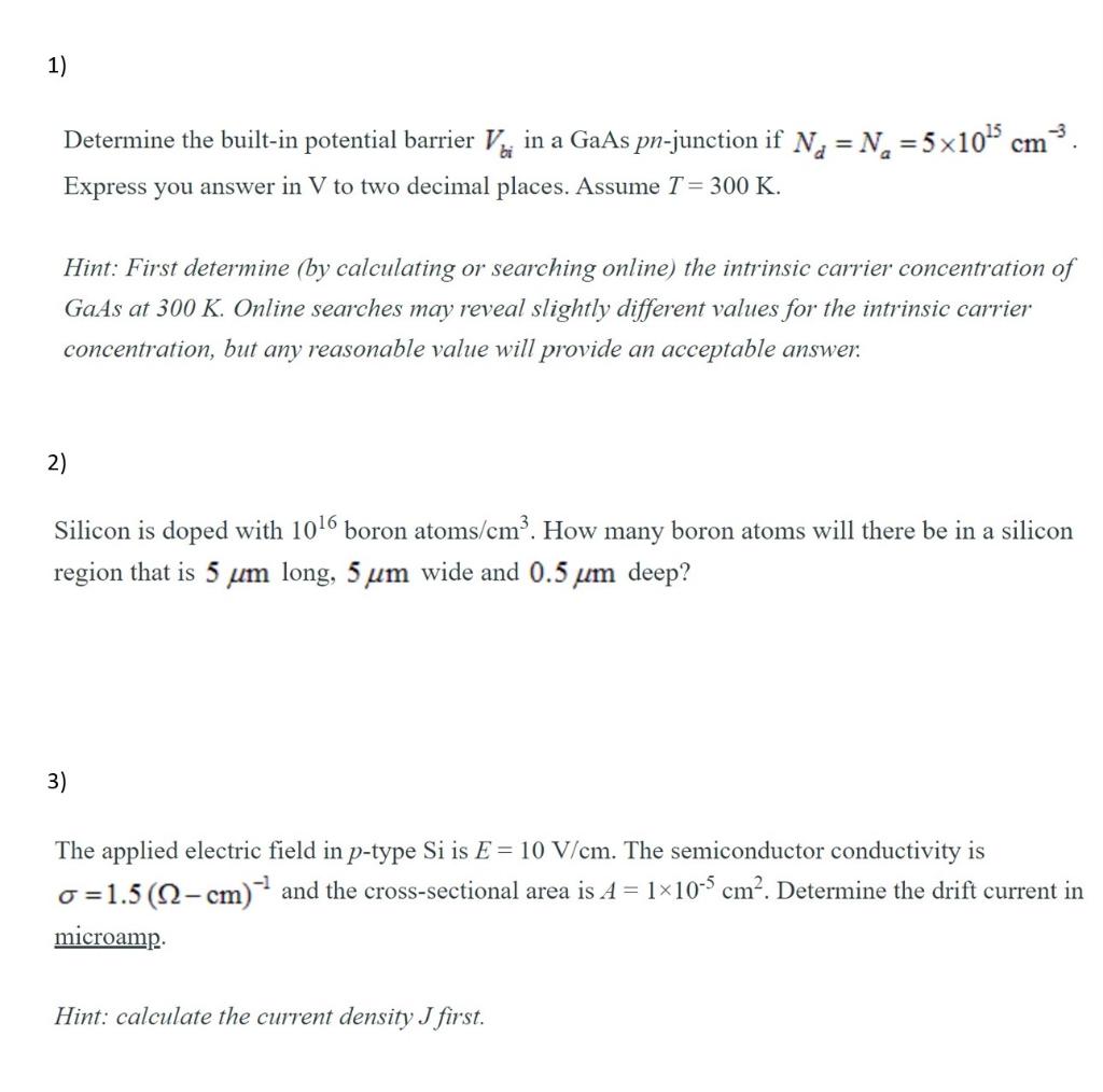 Solved 1) -3 Determine the built-in potential barrier V. in | Chegg.com