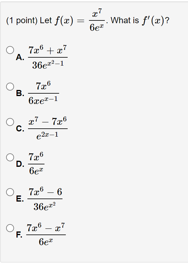 Solved (1 point) Let f(x)=ex. What is f−1(e) ? A. e B. e1 C. | Chegg.com