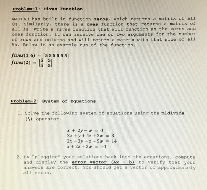 Solved Problem-1: Fives Function MATLAB has built-in | Chegg.com