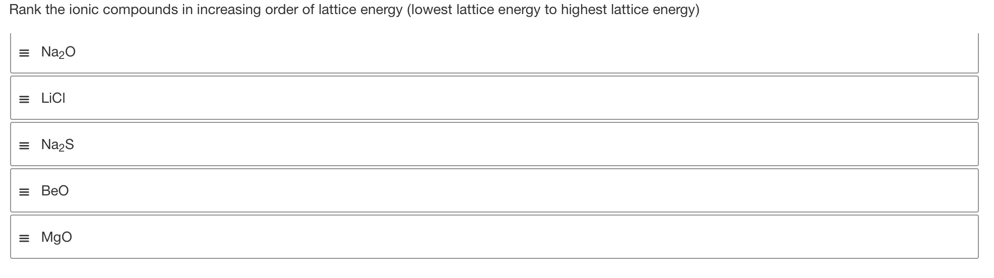 Solved Rank the ionic compounds in increasing order of | Chegg.com