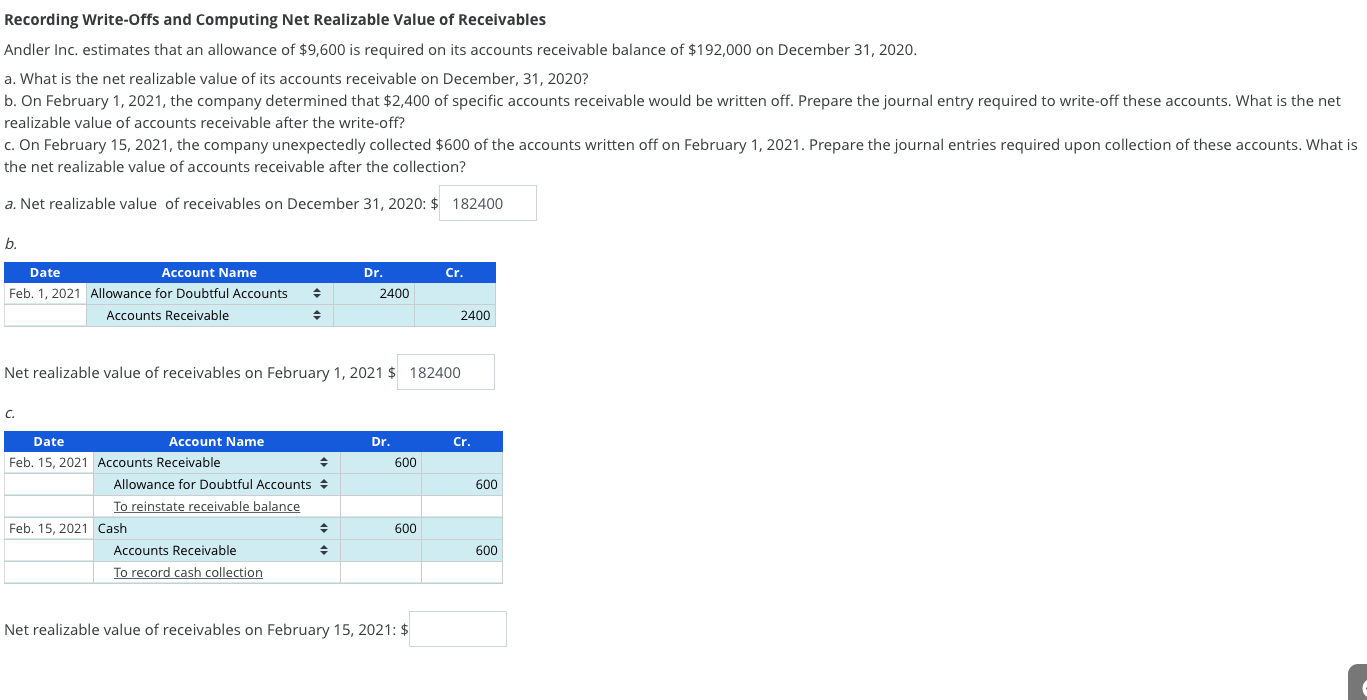 Solved Recording Write-Offs and Computing Net Realizable | Chegg.com