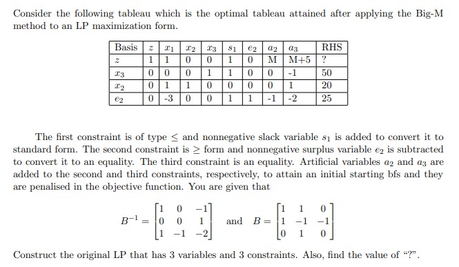 Solved Consider the following tableau which is the optimal | Chegg.com