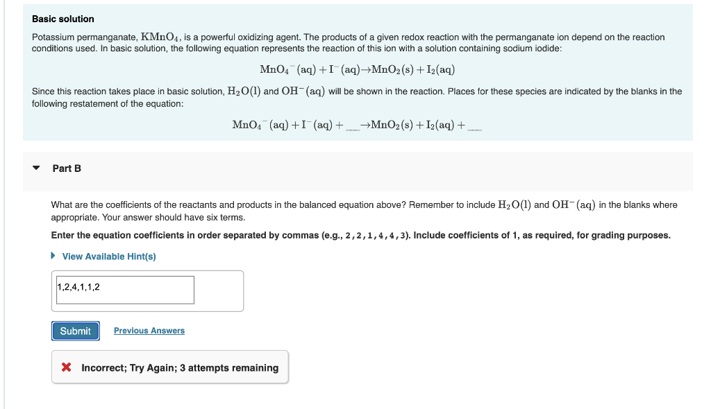 Solved Potassium permanganate, KMnO4, is a powerful | Chegg.com