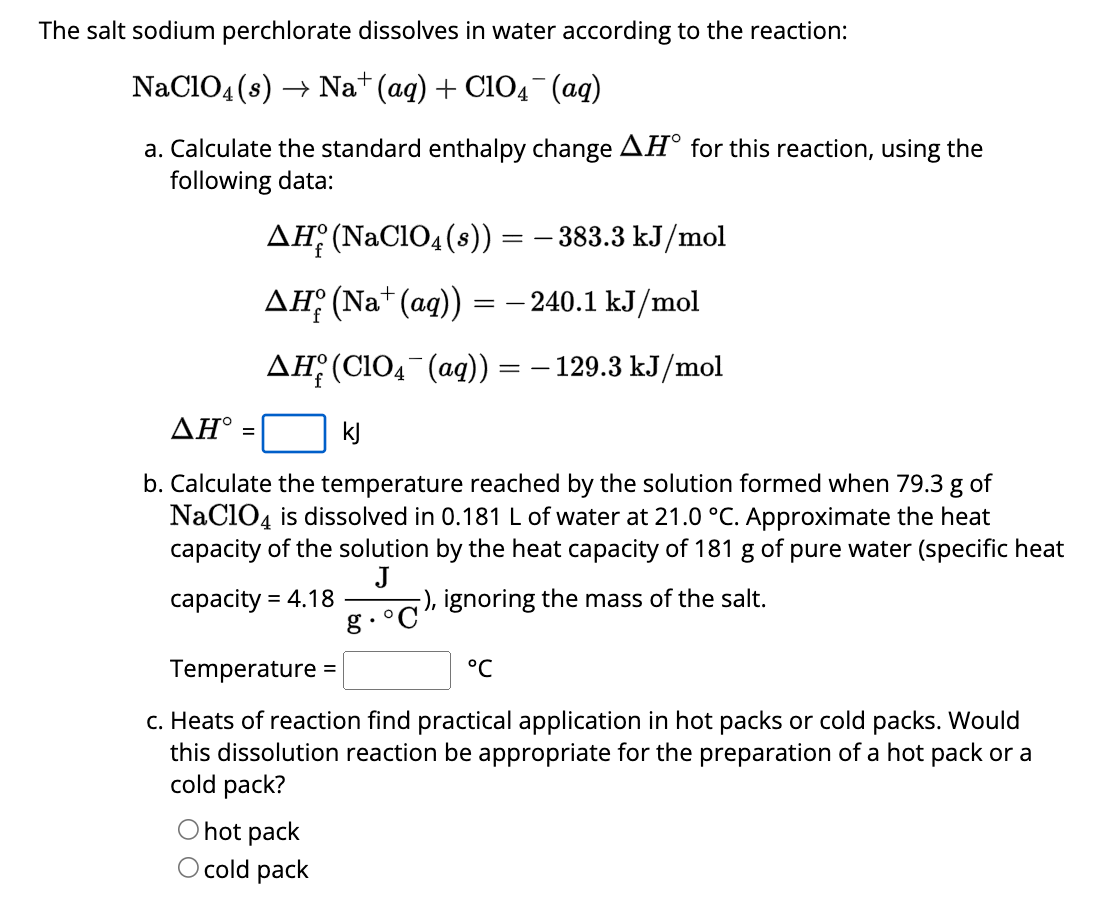 Solved The salt sodium perchlorate dissolves in water | Chegg.com