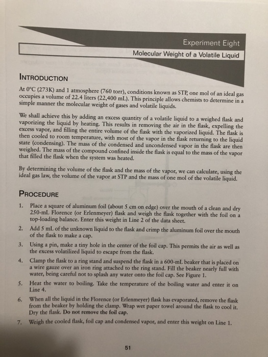 Experiment Eight Molecular Weight of a Volatile | Chegg.com