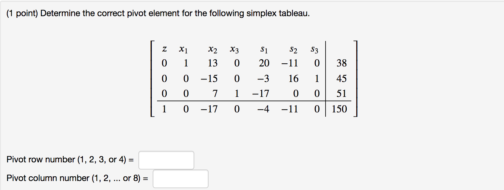 Solved (1 point) Determine the correct pivot element for the | Chegg.com
