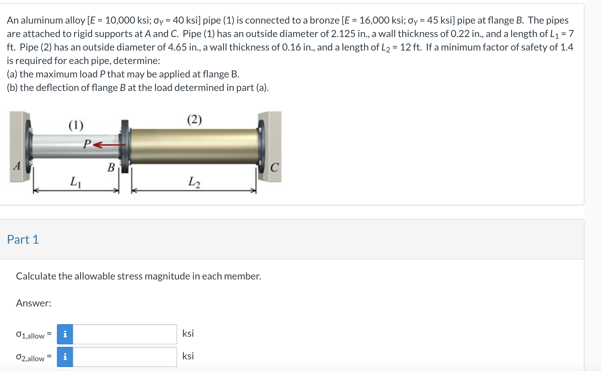 Solved An aluminum alloy [E=10,000ksi;σY=40ksi] pipe (1) is | Chegg.com