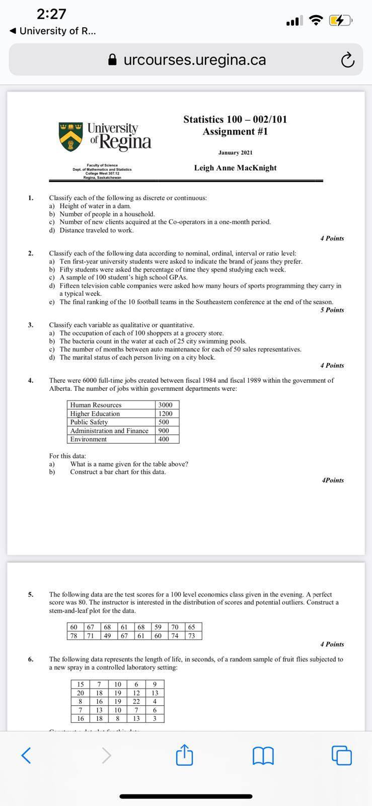 Solved 2:27 University of R... urcourses.uregina.ca | Chegg.com