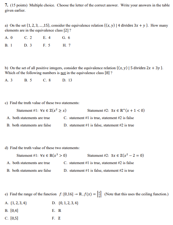 Solved 7. (15 points) Multiple choice. Choose the letter of | Chegg.com