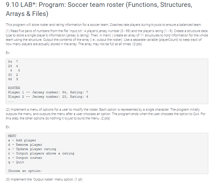 9.10 LAB*: Program: Soccer team roster (Functions, | Chegg.com