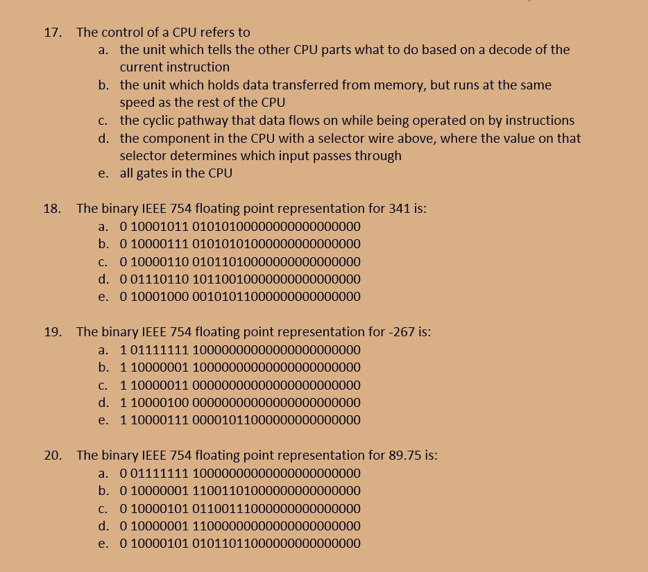 Solved 17. The control of a CPU refers to a. the unit which | Chegg.com