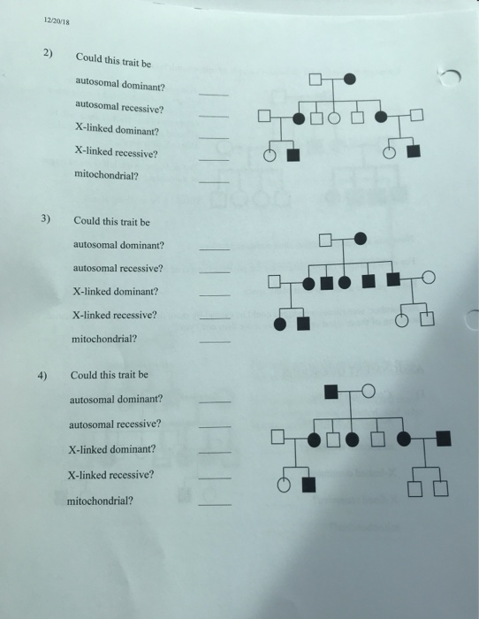 Solved 12/20/18 2) Could this trait be autosomal dominant? | Chegg.com