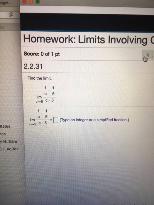 Solved Find the limit. lim_c rightarrow 5 1/c - 1/5/c - 5 | Chegg.com