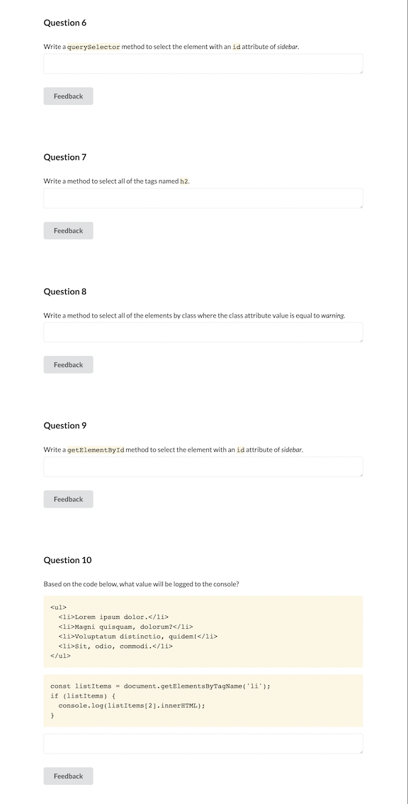 Solved Question 6 Write a querySelector method to select the | Chegg.com