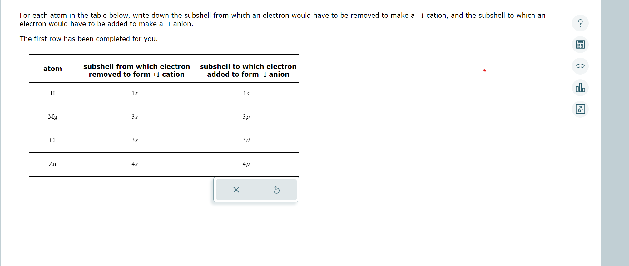 Solved For each atom in the table below, write down the | Chegg.com