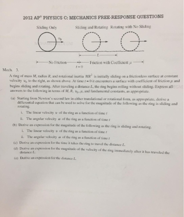 Solved 2012 AP PHYSICS C: MECHANICS FREE-RESPONSE QUESTIONS | Chegg.com