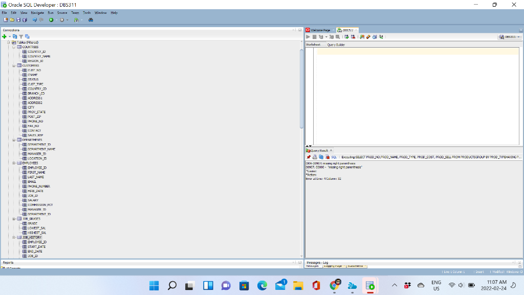 ים х Oracle SOL Developer : DBS311 File Edit Viru | Chegg.com