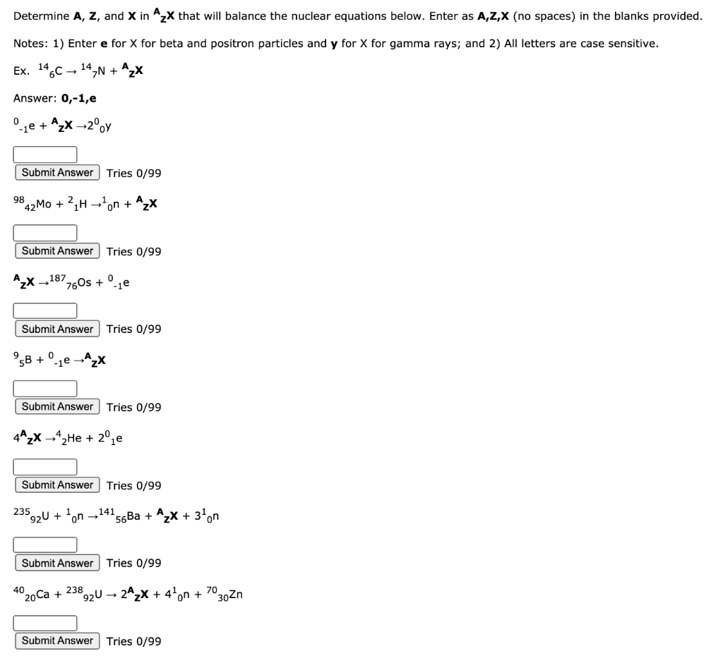 Solved Determine A, Z, and X in Azx that will balance the | Chegg.com