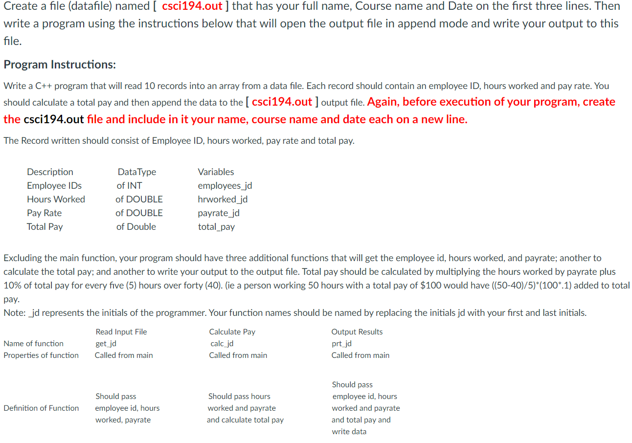Solved Create a file (datafile) named [ csci194.out ] that | Chegg.com