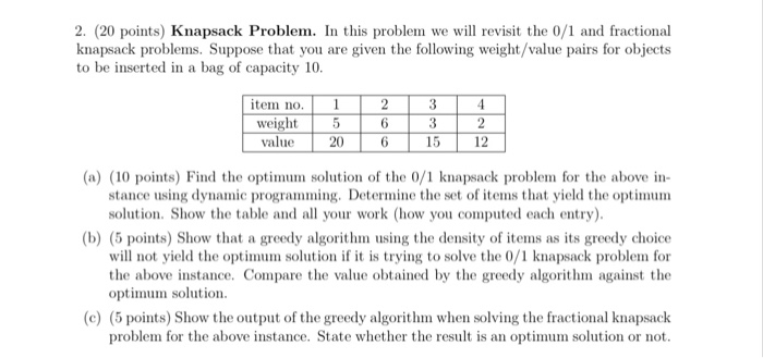 2. (20 points) Knapsack Problem. In this problem we | Chegg.com