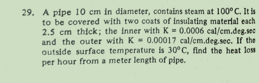 Solved 29. A pipe 10 cm in diameter, contains steam at | Chegg.com