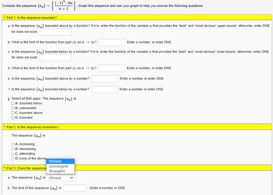 Solved Consider the sequence {n} = ] ((-1)". 6n n+1 Graph | Chegg.com