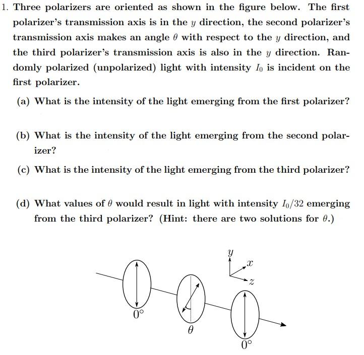 Solved 1. Three polarizers are oriented as shown in the | Chegg.com