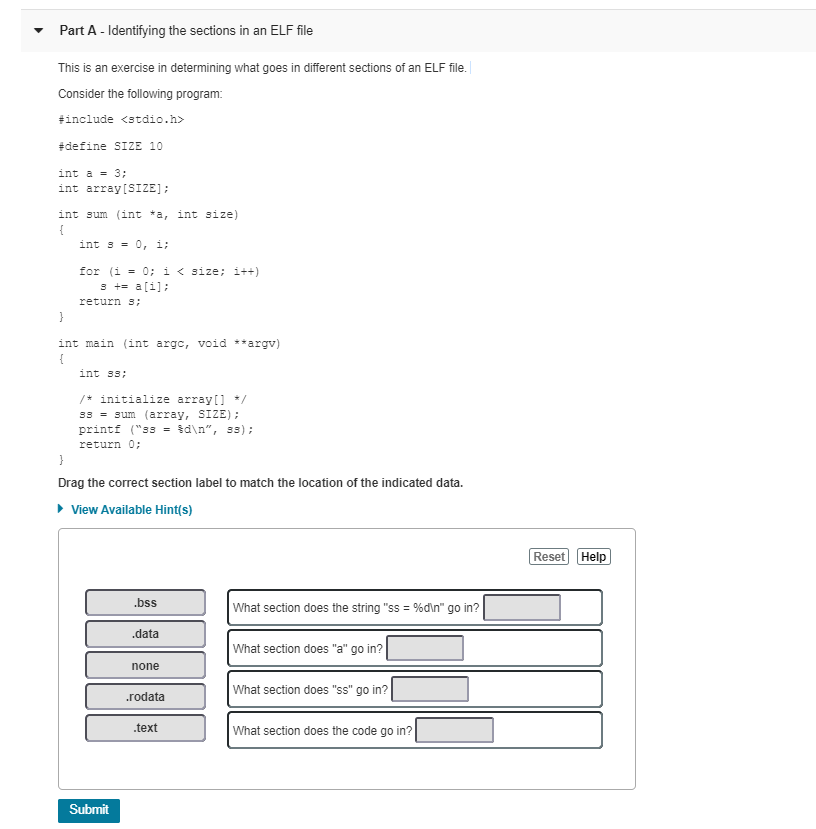 Part A Identifying the sections in an ELF file This | Chegg.com