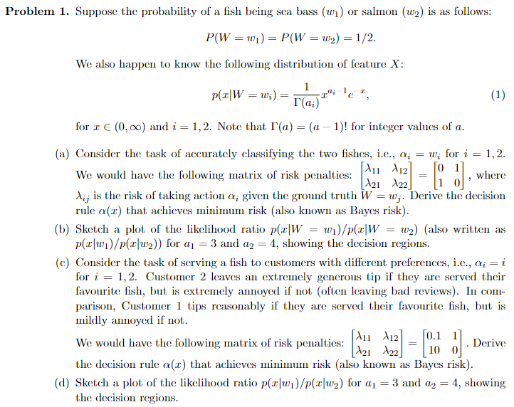 m 1. Suppose the probability of a fish being sea bass | Chegg.com