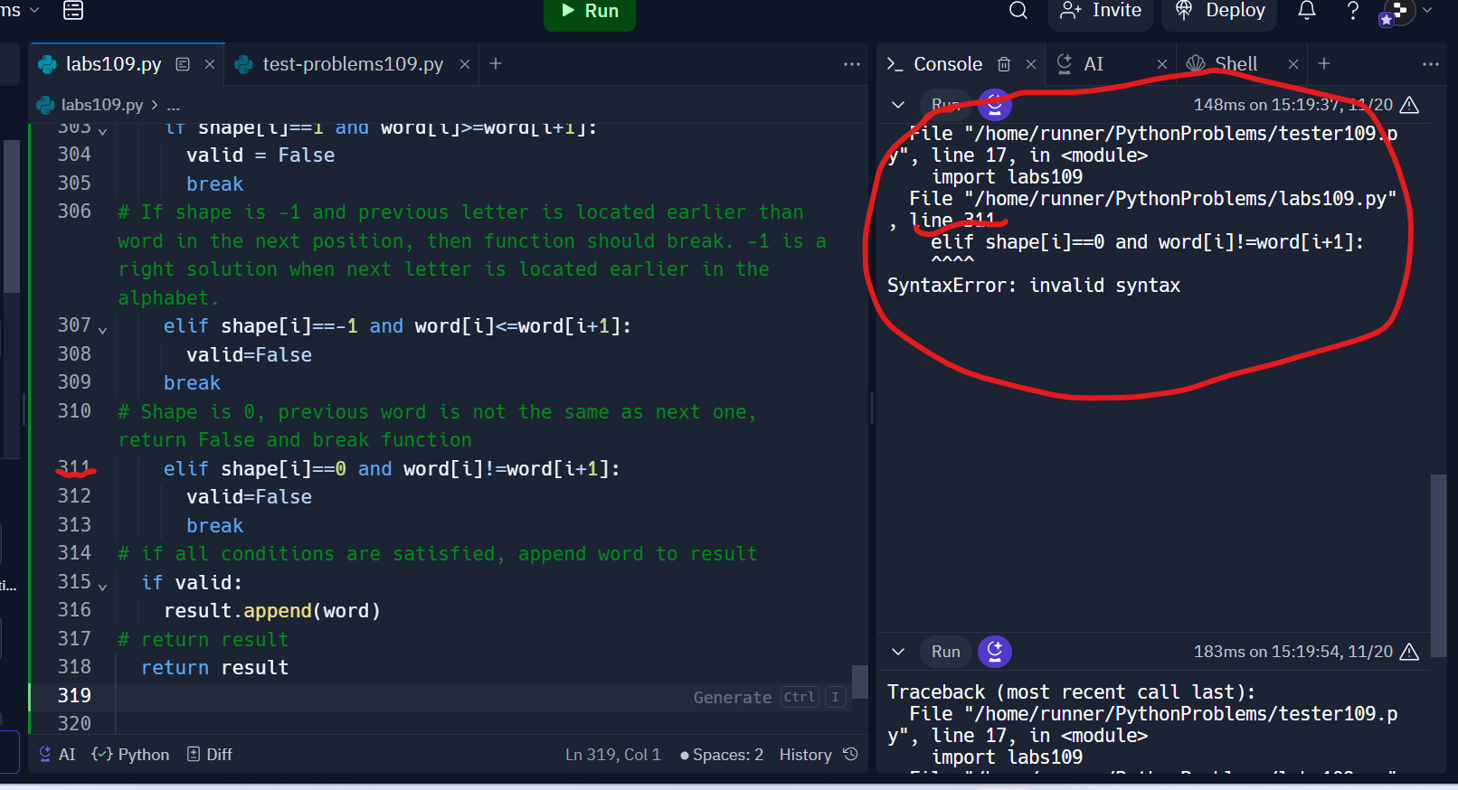 Solved Please, help me to address error in line 311. ﻿Below | Chegg.com