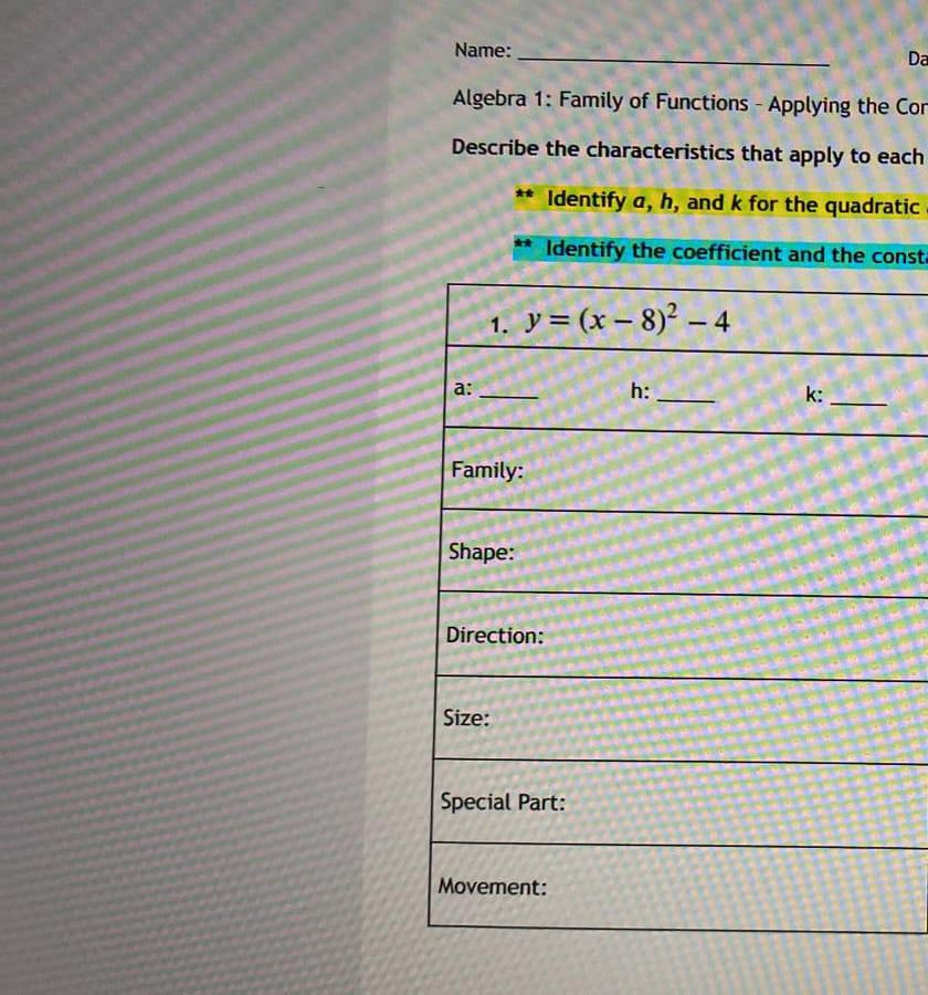 Algebra 1: Family of Functions - Applying the Cor | Chegg.com