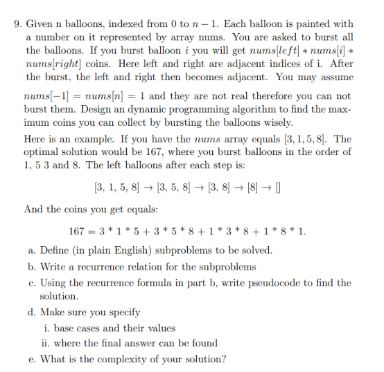 Solved 9. Given n balloons, indexed from 0 to n−1. Each | Chegg.com