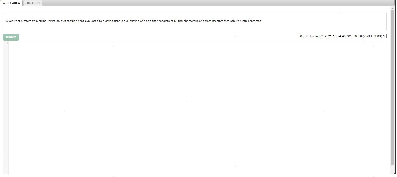 Solved WORK AREA RESULTS Given that s refers to a string, | Chegg.com