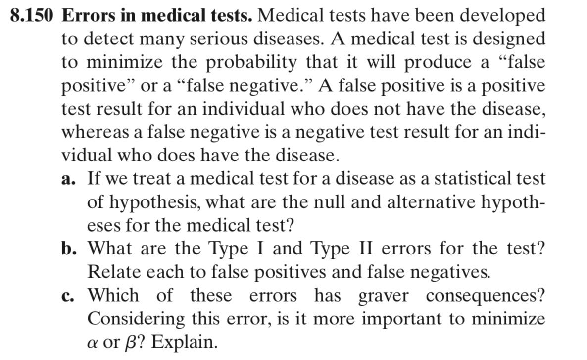 Solved 8.150 Errors in medical tests. Medical tests have | Chegg.com