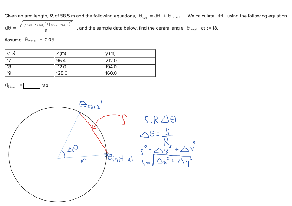 Solved Given an arm length, R, of 58.5 m and the following | Chegg.com