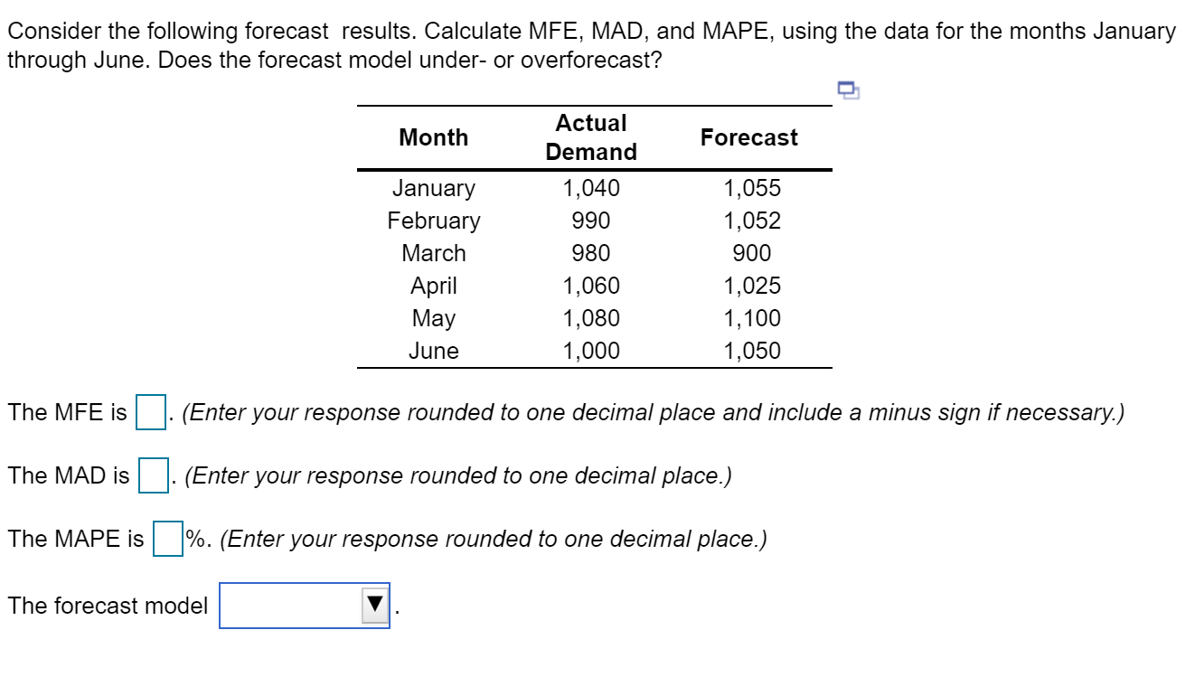 Solved Consider the following forecast results. Calculate | Chegg.com