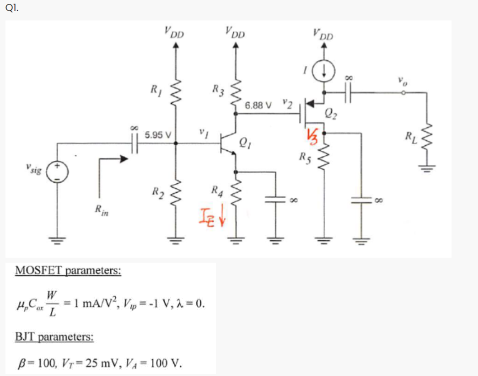 Solved MOSFET parameters: μpCaxLW=1 mA/V2,Vip=−1 V,λ=0. BJT | Chegg.com