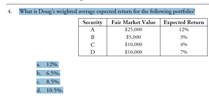 Solved 4. What is Doug's weighted average expected return | Chegg.com