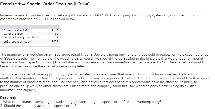 Solved Exercise 11-4 Special Order Decision [LO11-4] | Chegg.com