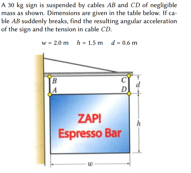 Solved A 30 kg sign is suspended by cables AB and CD of | Chegg.com